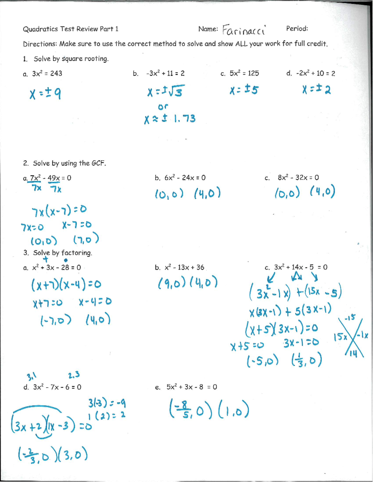 Test part 1 review answers (quad) - Quadratics Test Review Part 1 Name ...