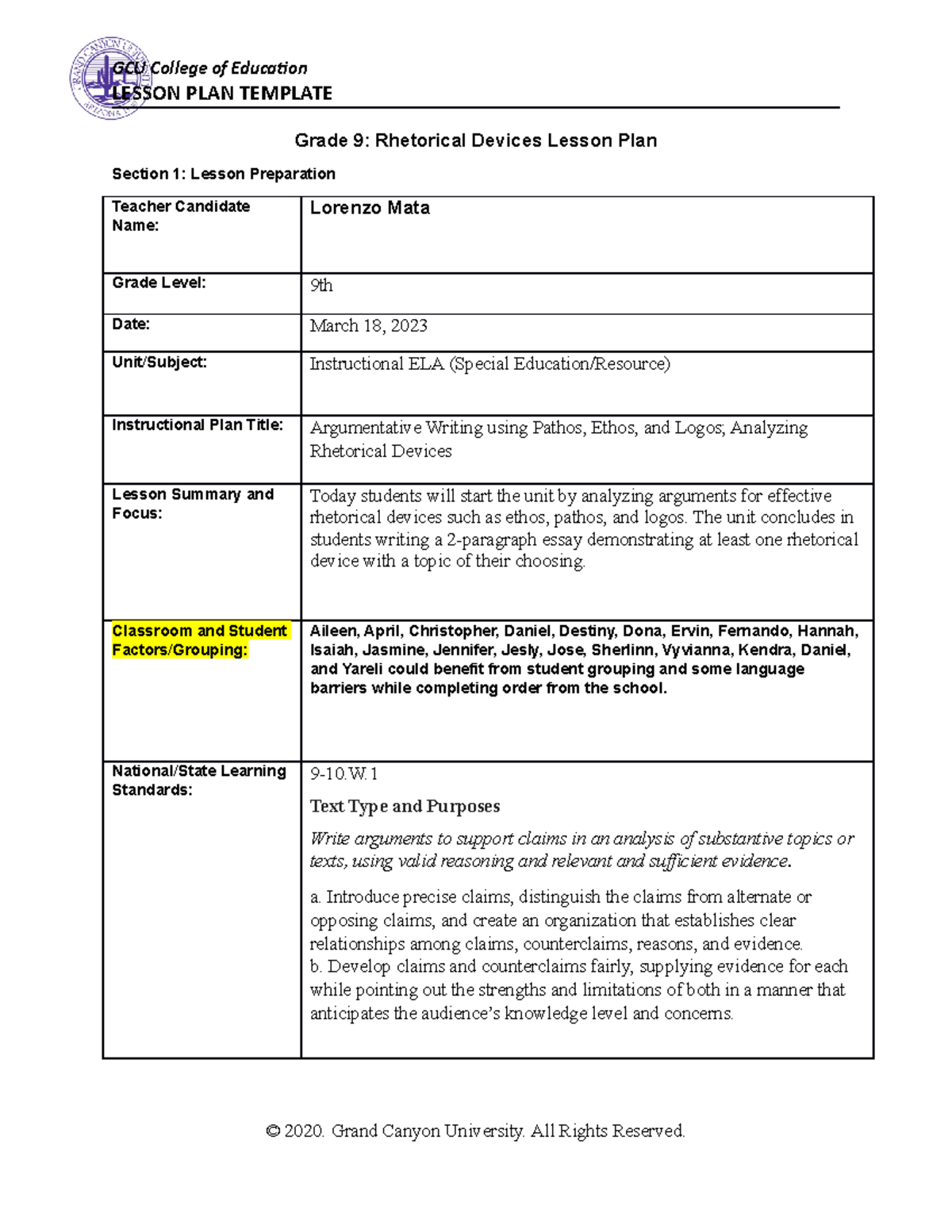Rhetorical Grade 9 Plan Finished - LESSON PLAN TEMPLATE Grade 9 ...