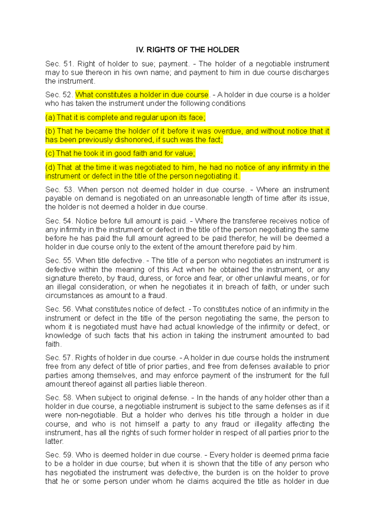 Sec 51-125 - lecture notes - IV. RIGHTS OF THE HOLDER Sec. 51. Right of ...