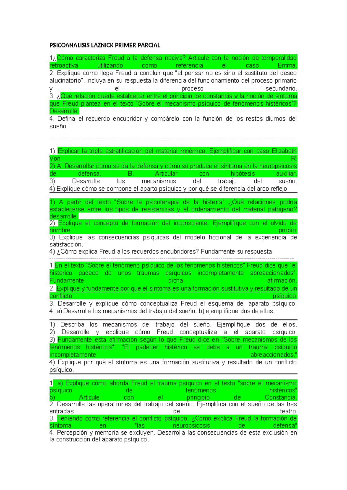 Psa primer parcial Recopilación - PSICOANALISIS LAZNICK PRIMER PARCIAL 1¿Cómo caracteriza Freud ...