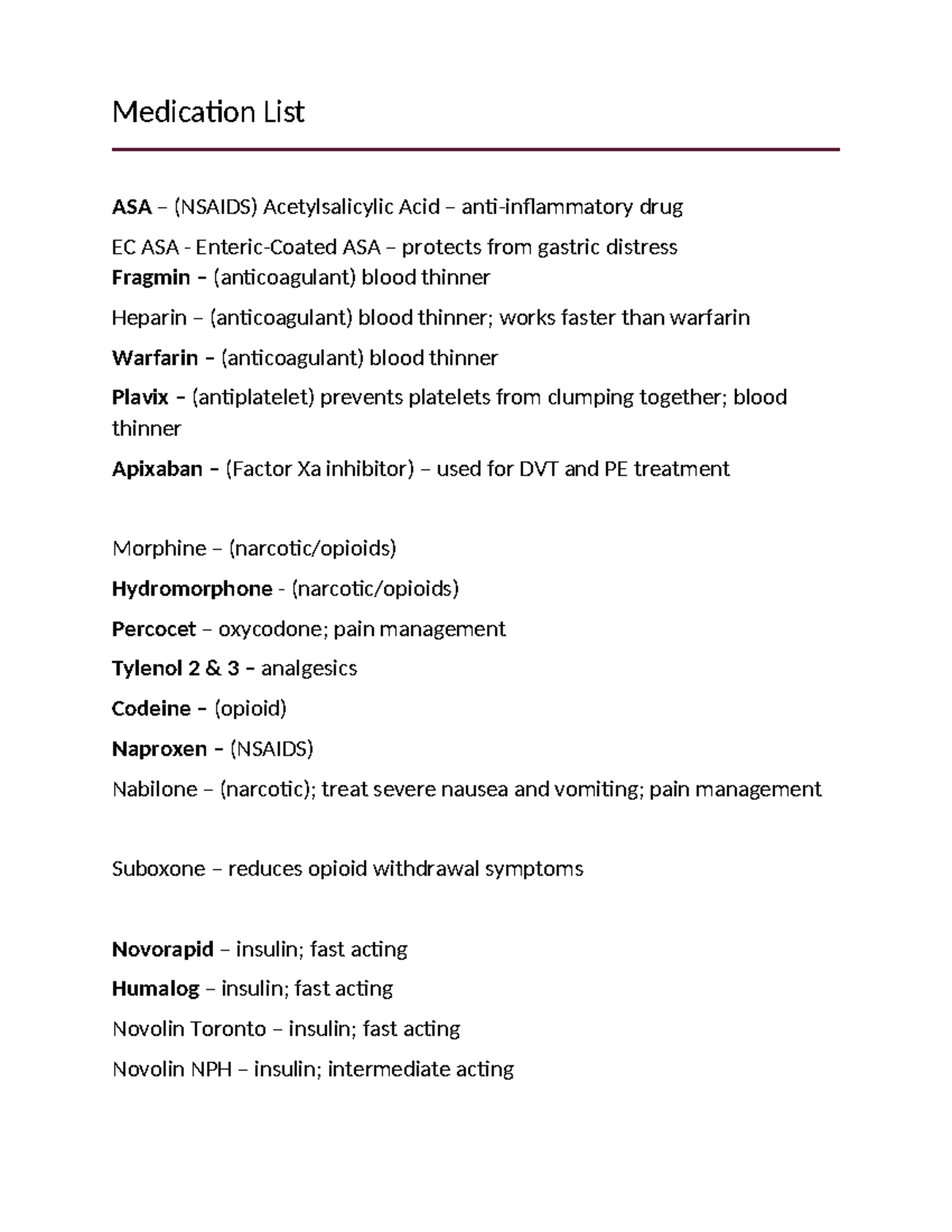 Medication List Updated - Medication List ASA – (NSAIDS ...