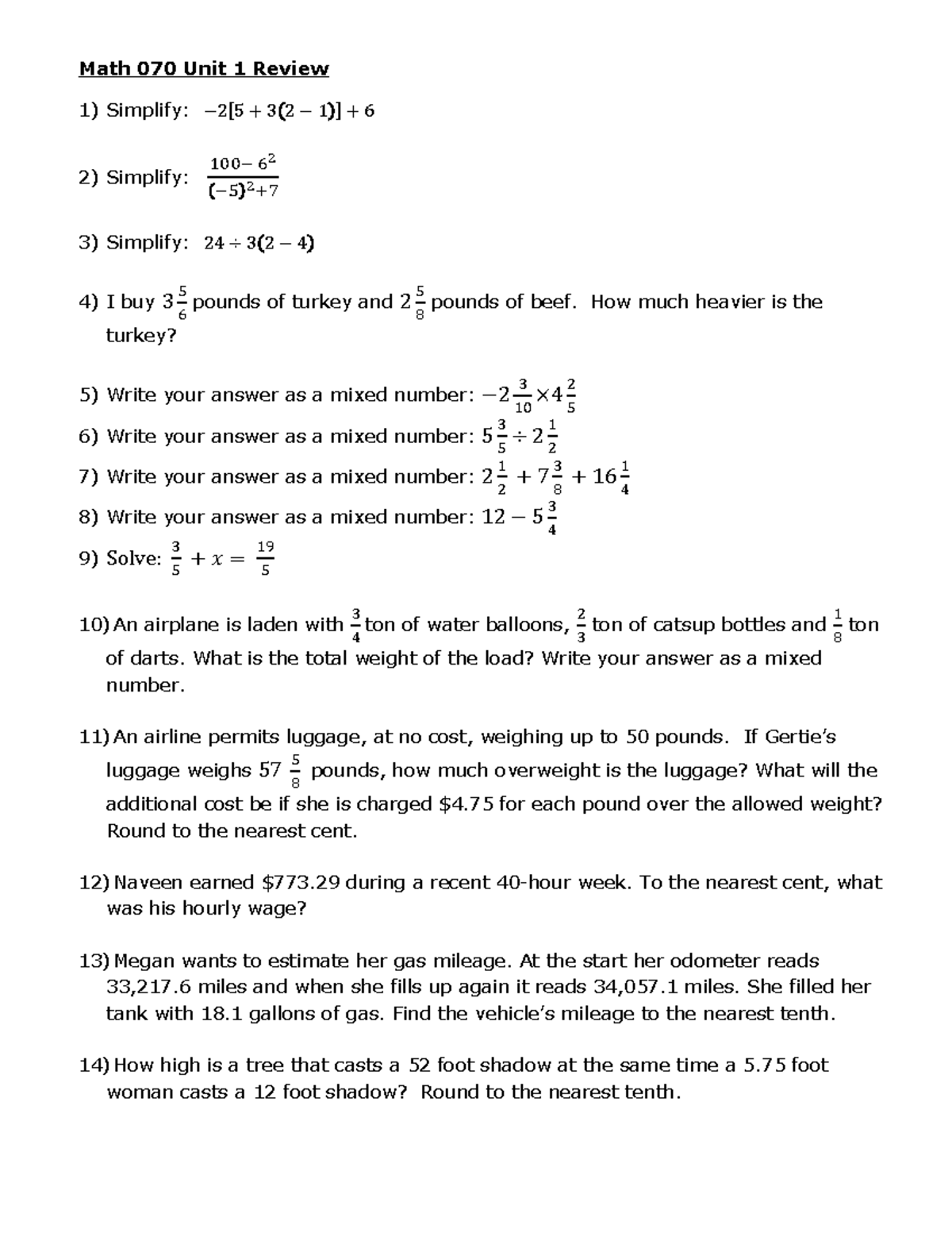 Exam 1 Review - exam practice questions - Math 070 Unit 1 Review ...