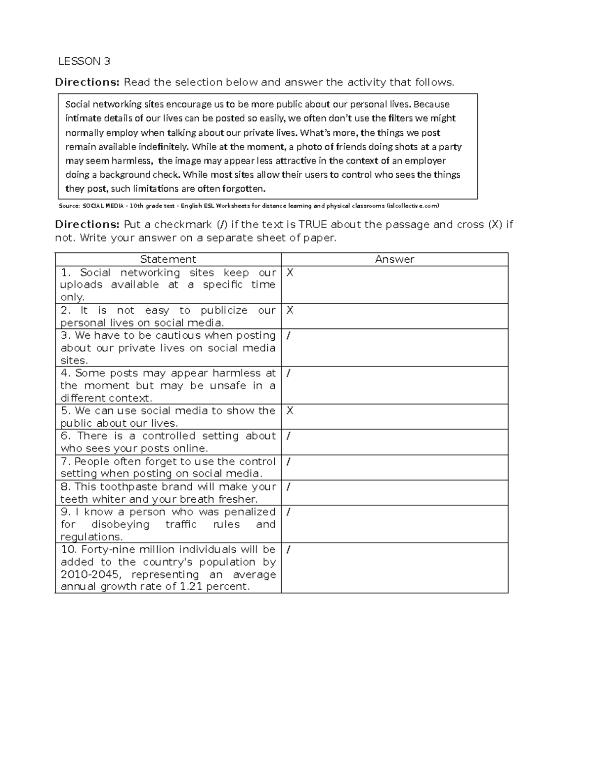 Remedial Activity Lesson 3 and 4 - LESSON 3 Directions: Read the ...