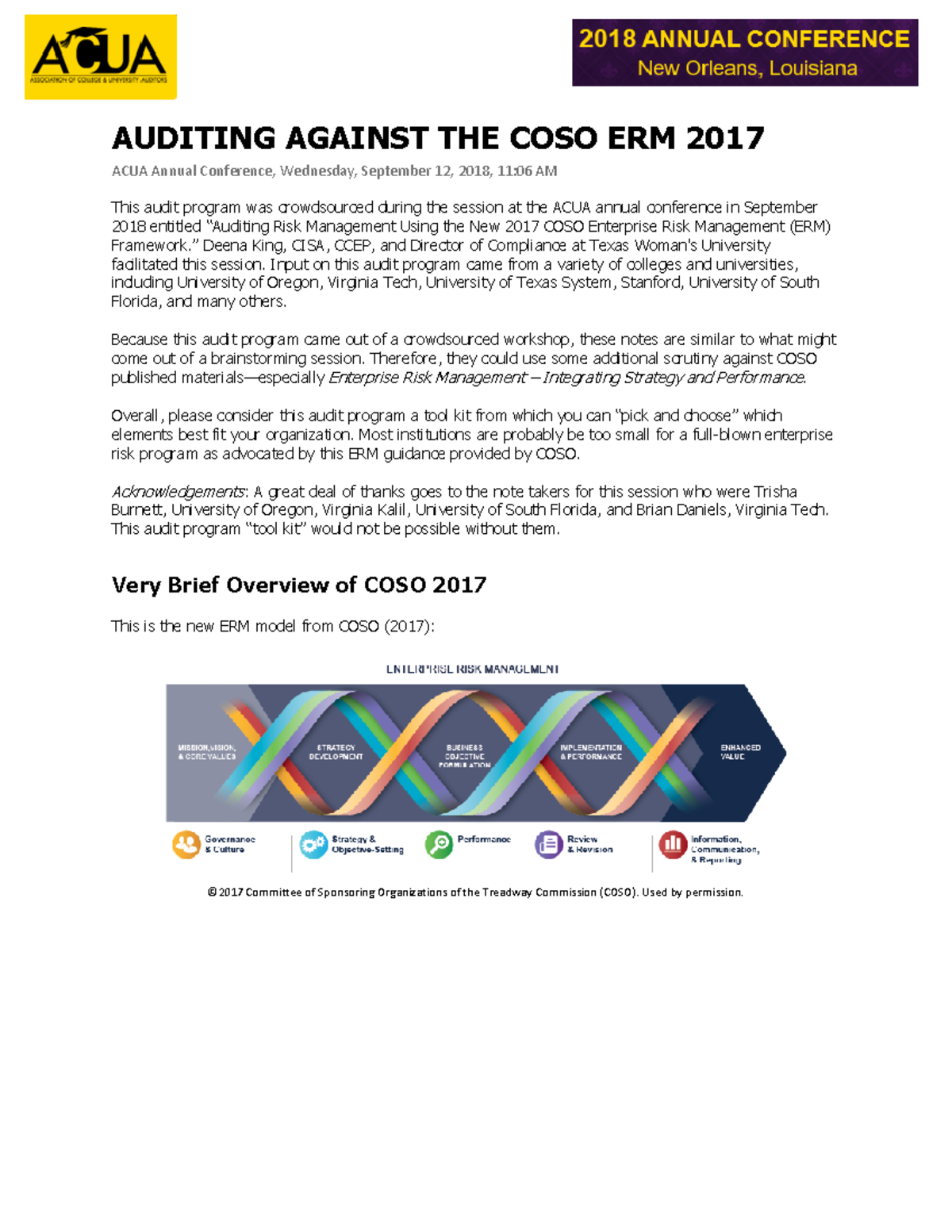 COSO 2017 ERM Audit Program - AUDITING AGAINST THE COSO ERM 2017 ACUA ...