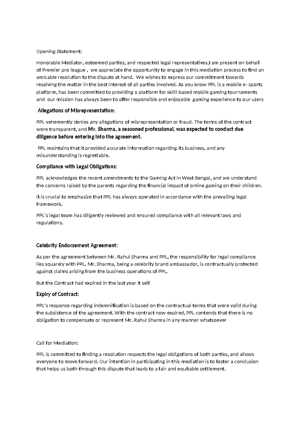 Final Draft - noivehchosa - Opening Statement: Honorable Mediator ...