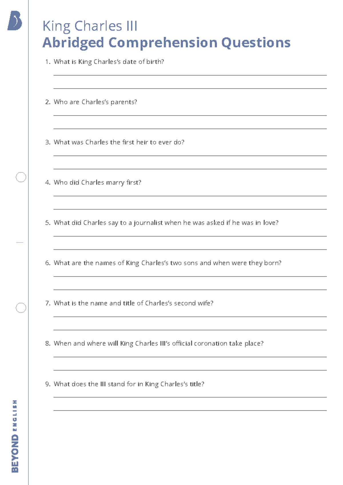 King Charles Comprehension Questions - King Charles III Abridged ...