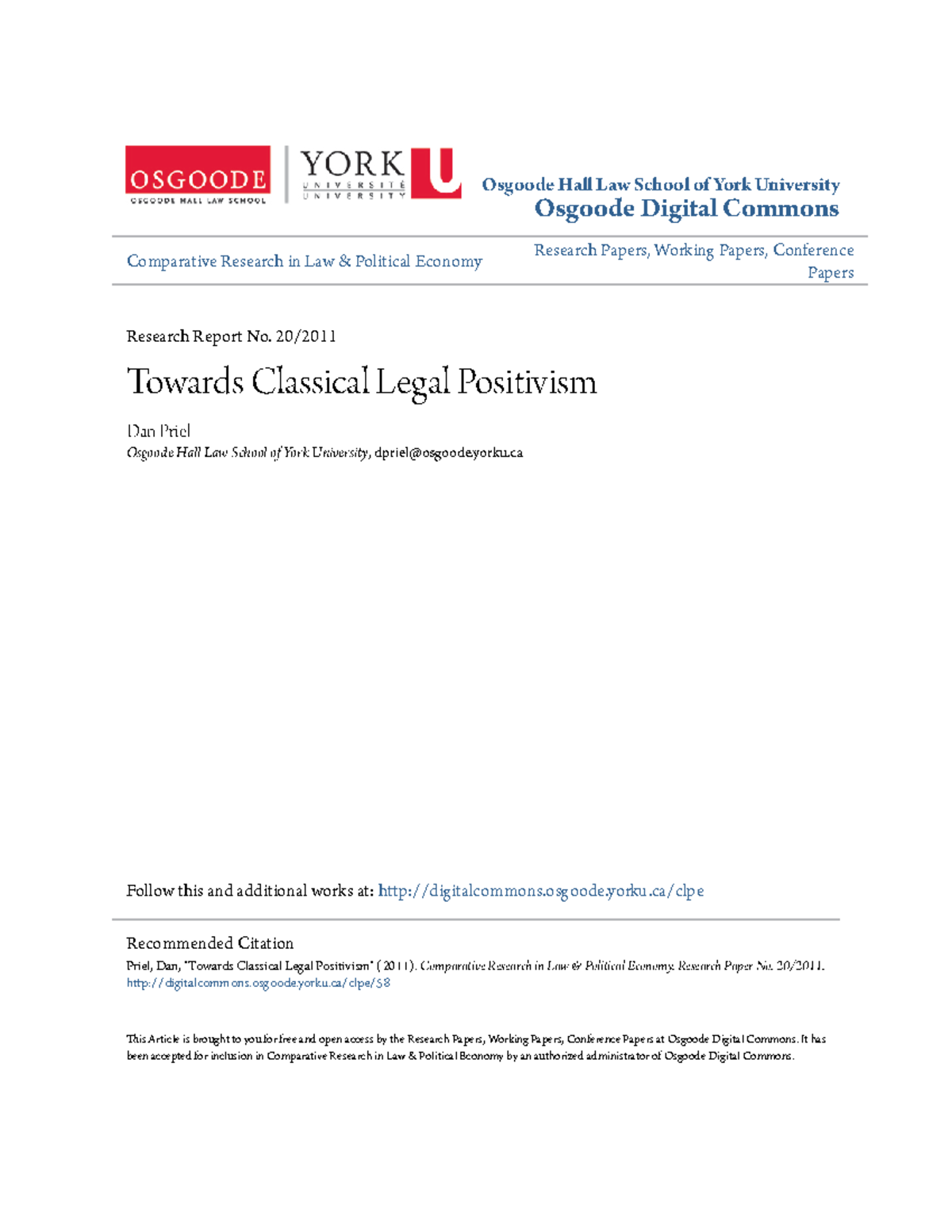 Towards Classical Legal Positivism - ####### Osgoode Hall Law School of ...