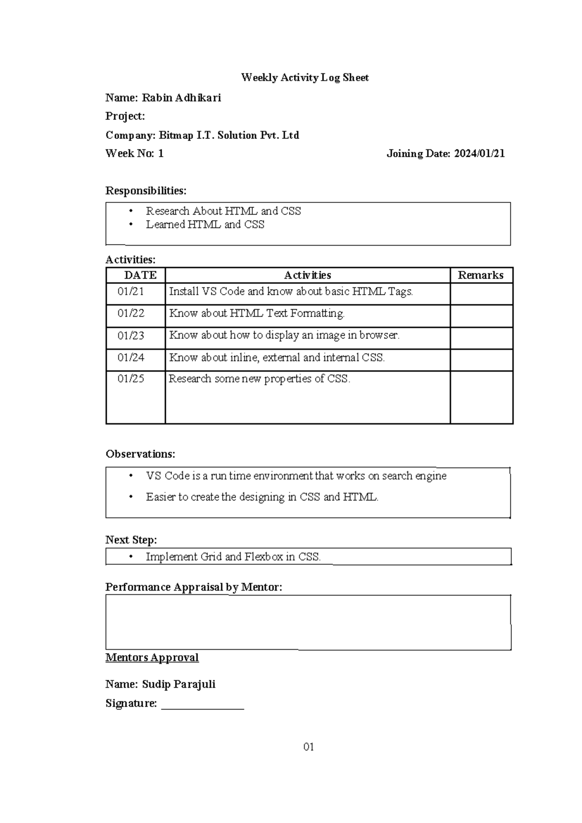 Logbook - log book for project - Name: Rabin Adhikari Project: Company ...