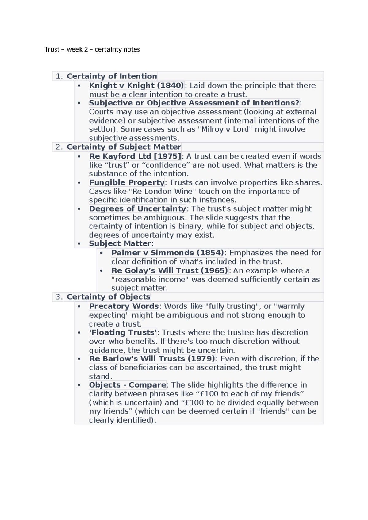 Week 2 - trust law - Certainty notes and case law - Trust – week 2 ...