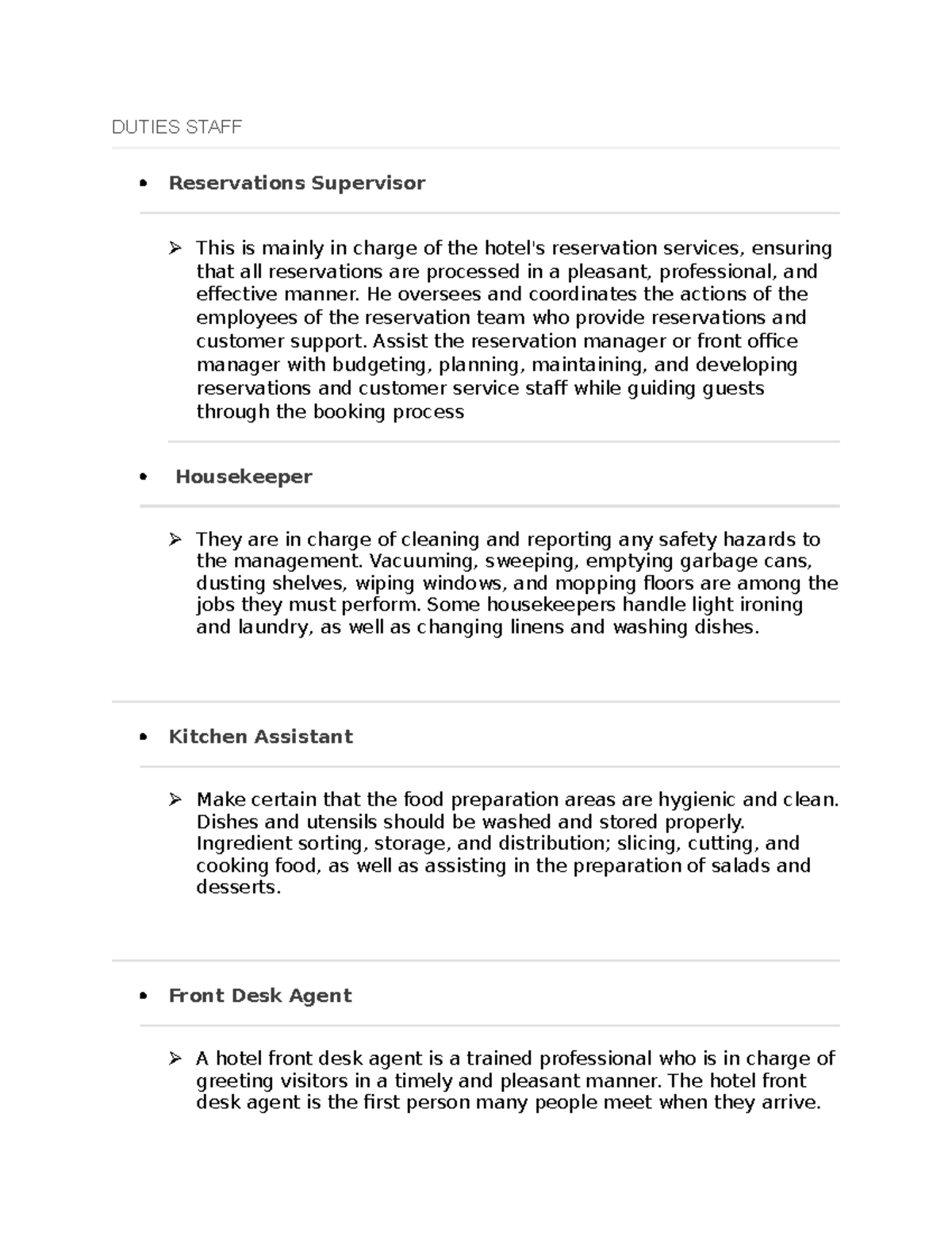 Duties- Staff - Research Homework - DUTIES STAFF Reservations ...
