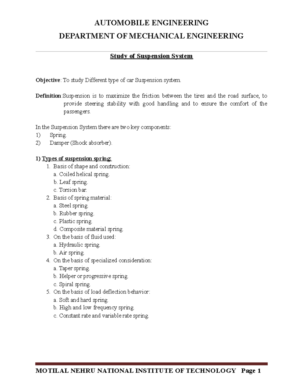 Study of Suspension System - DEPARTMENT OF MECHANICAL ENGINEERING Study ...