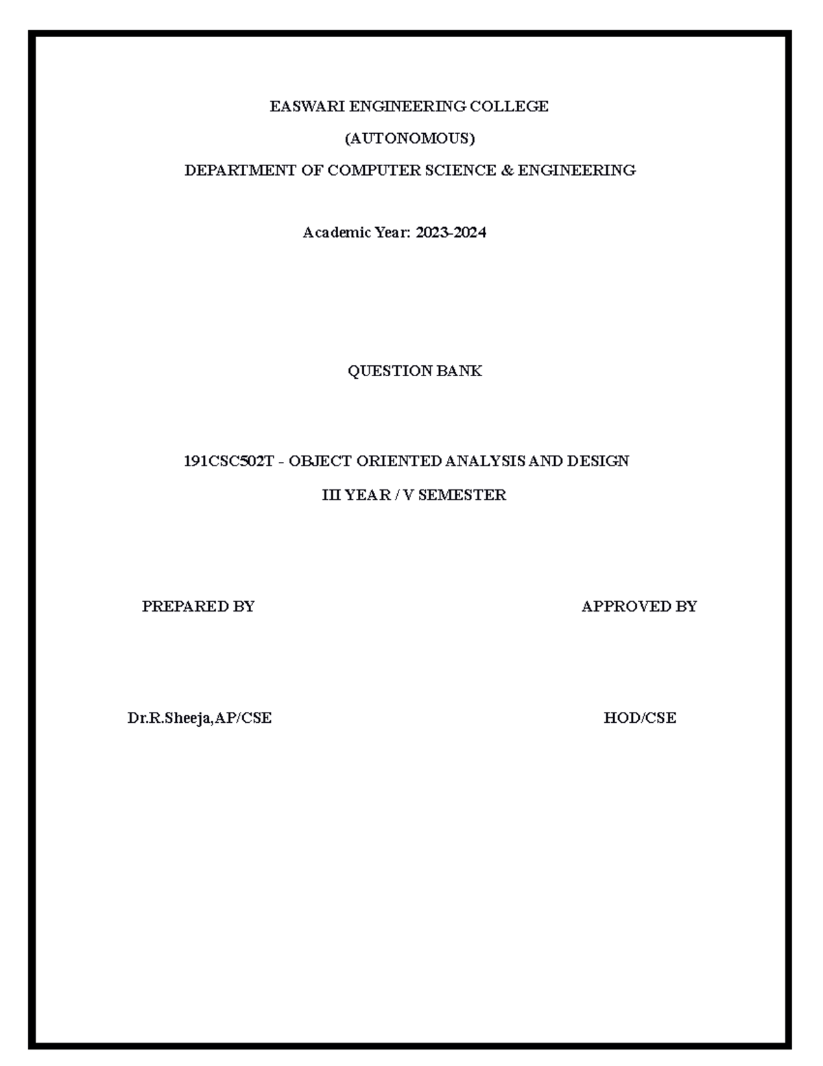 Ooad QB-191CSC502T-Dr - EASWARI ENGINEERING COLLEGE (AUTONOMOUS) DEPARTMENT OF COMPUTER SCIENCE ...