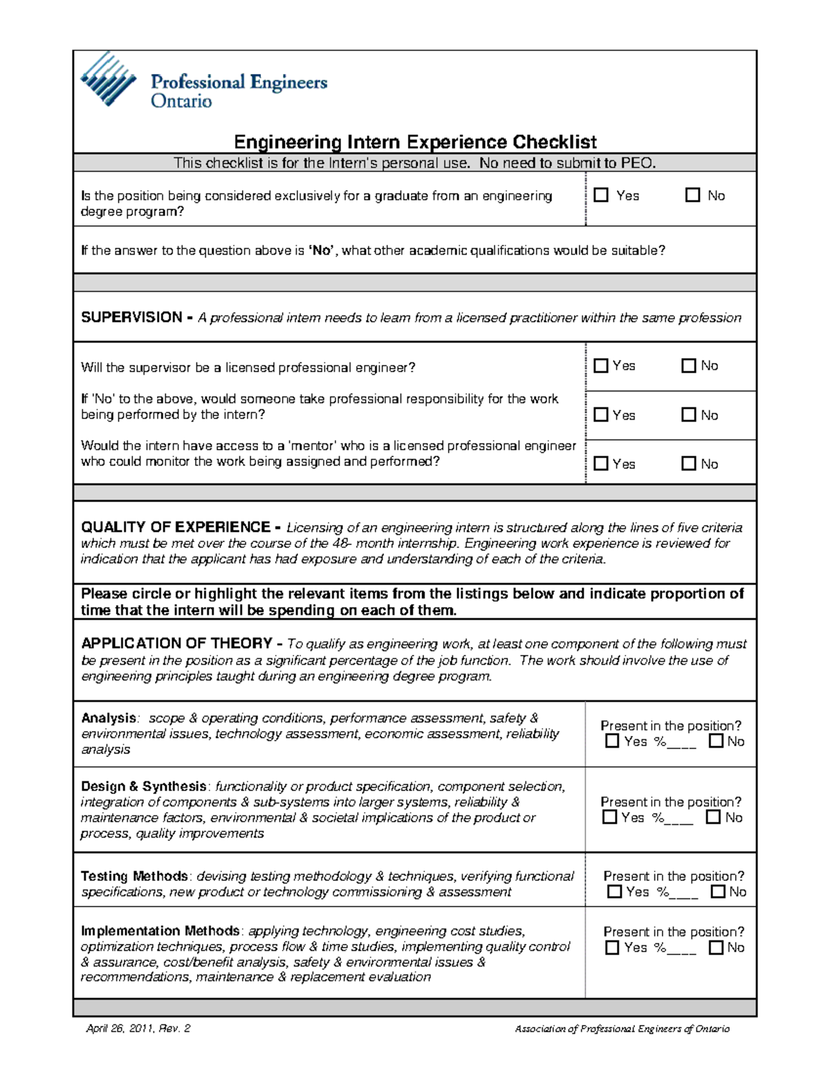 Engineering Intern Checklist - April 26, 2011, Rev. 2 Association of ...