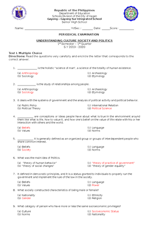 UCSP Prelims EXAM SHS - ucsp exam - Holy Cross College Sta. Lucia, Santa Ana, Pampanga SENIOR ...