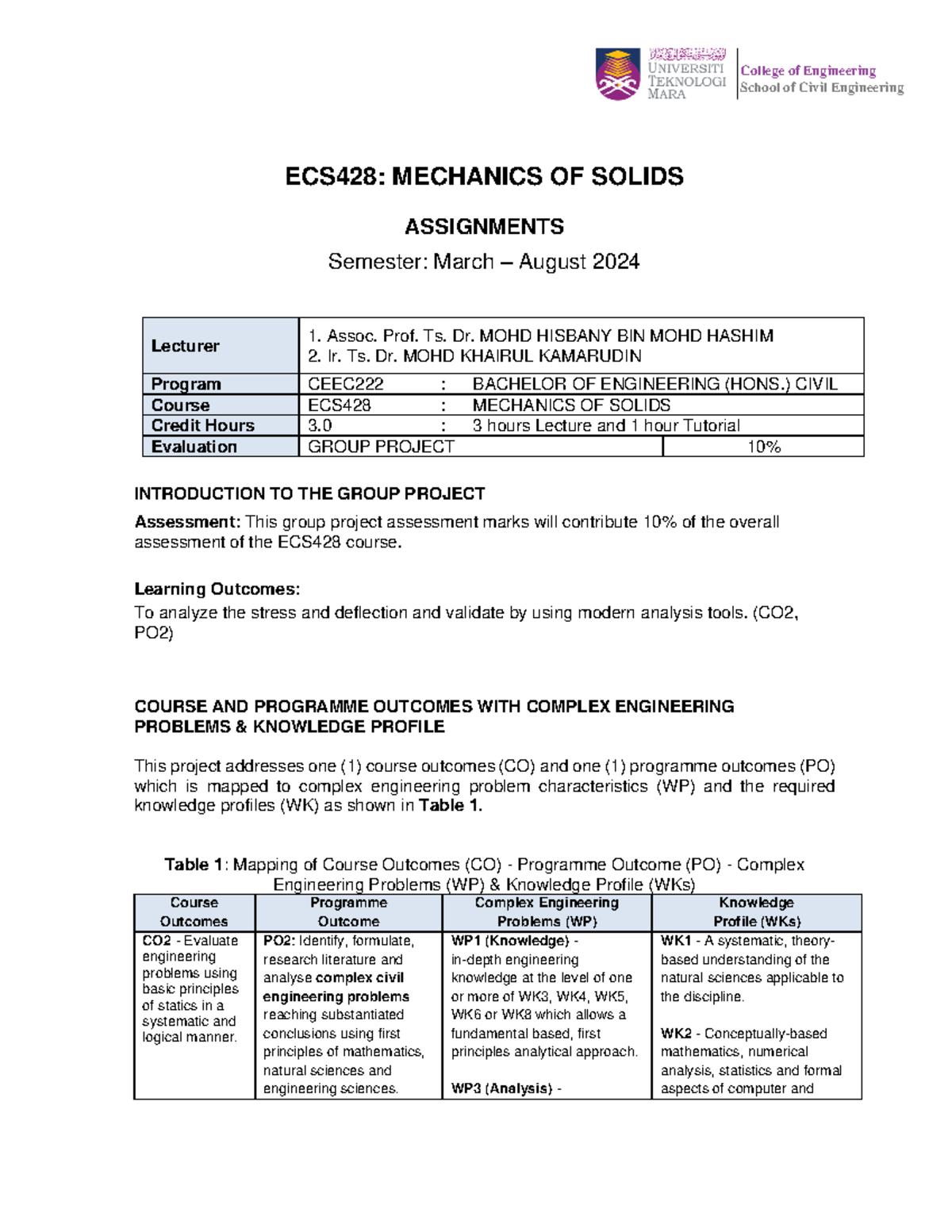 Question ECS428 Group Assignment MAR-AUG 2024 - P A G E 2 School of Civil Engineering ECS428 ...