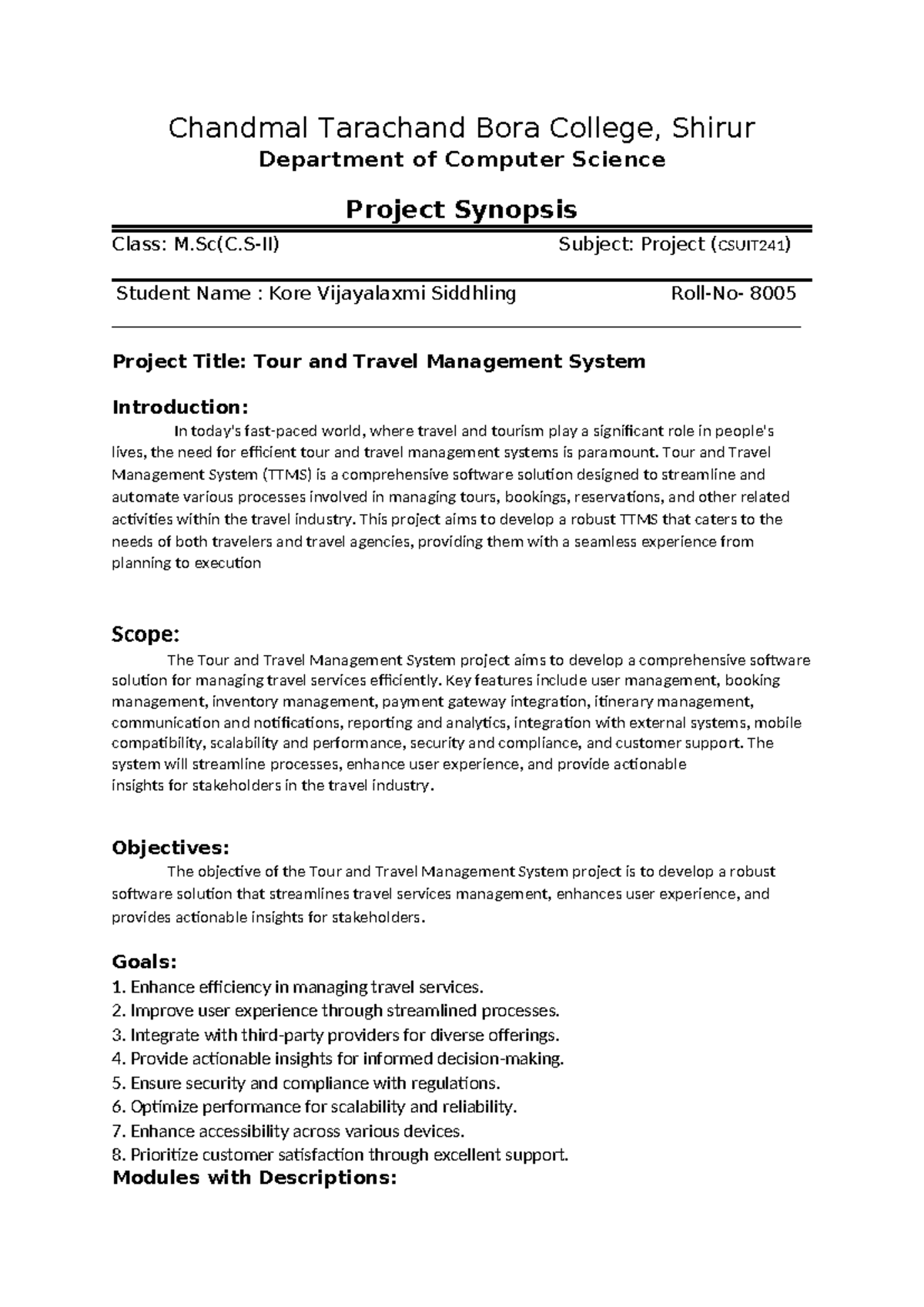 Project synopsys - Chandmal Tarachand Bora College, Shirur Department of Computer Science ...