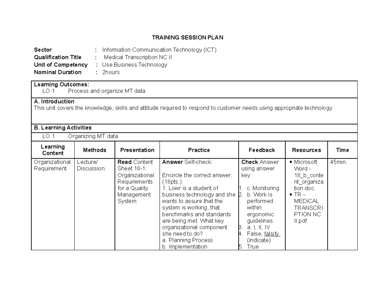 Lerning Plans about a topic - TRAINING SESSION PLAN Sector ...