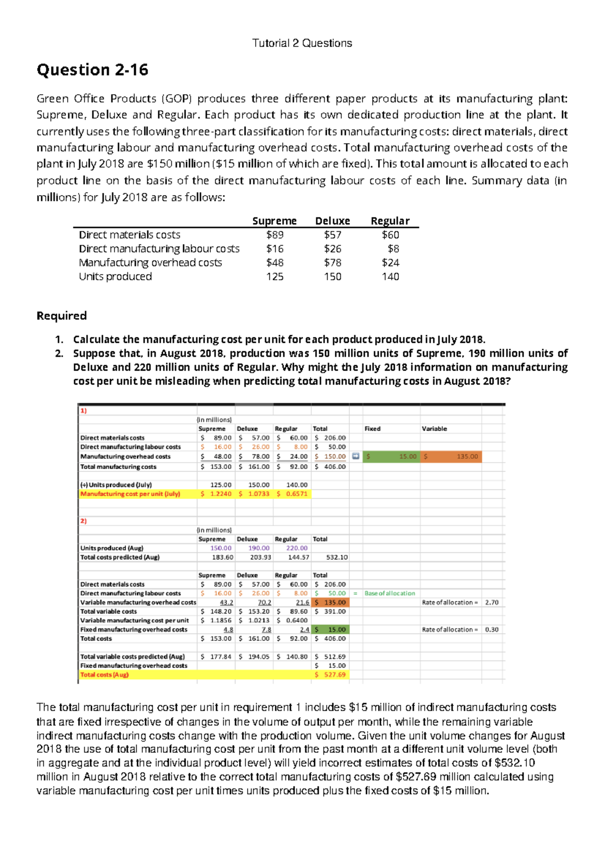 Tutorial 2 Questions - My solutions - Tutorial 2 Questions Question 2- 16 Green Office Products ...