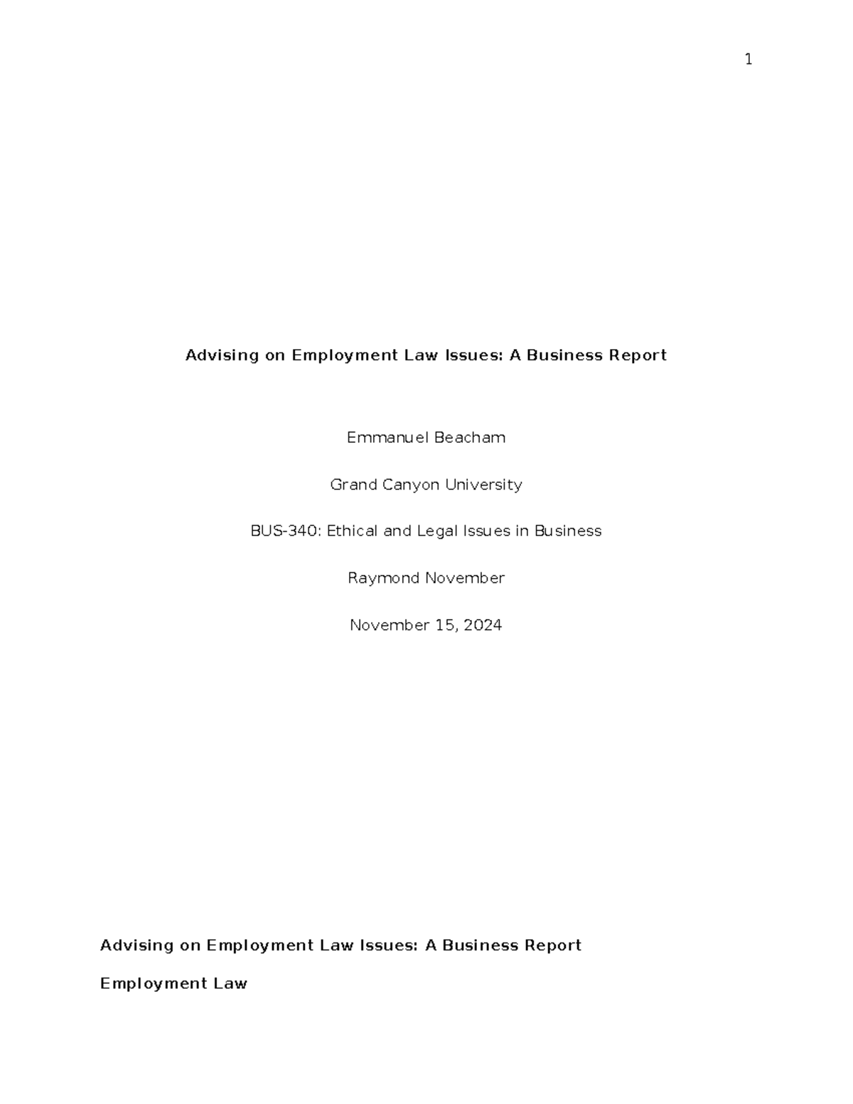 Employment and labor law paper - Advising on Employment Law Issues: A ...