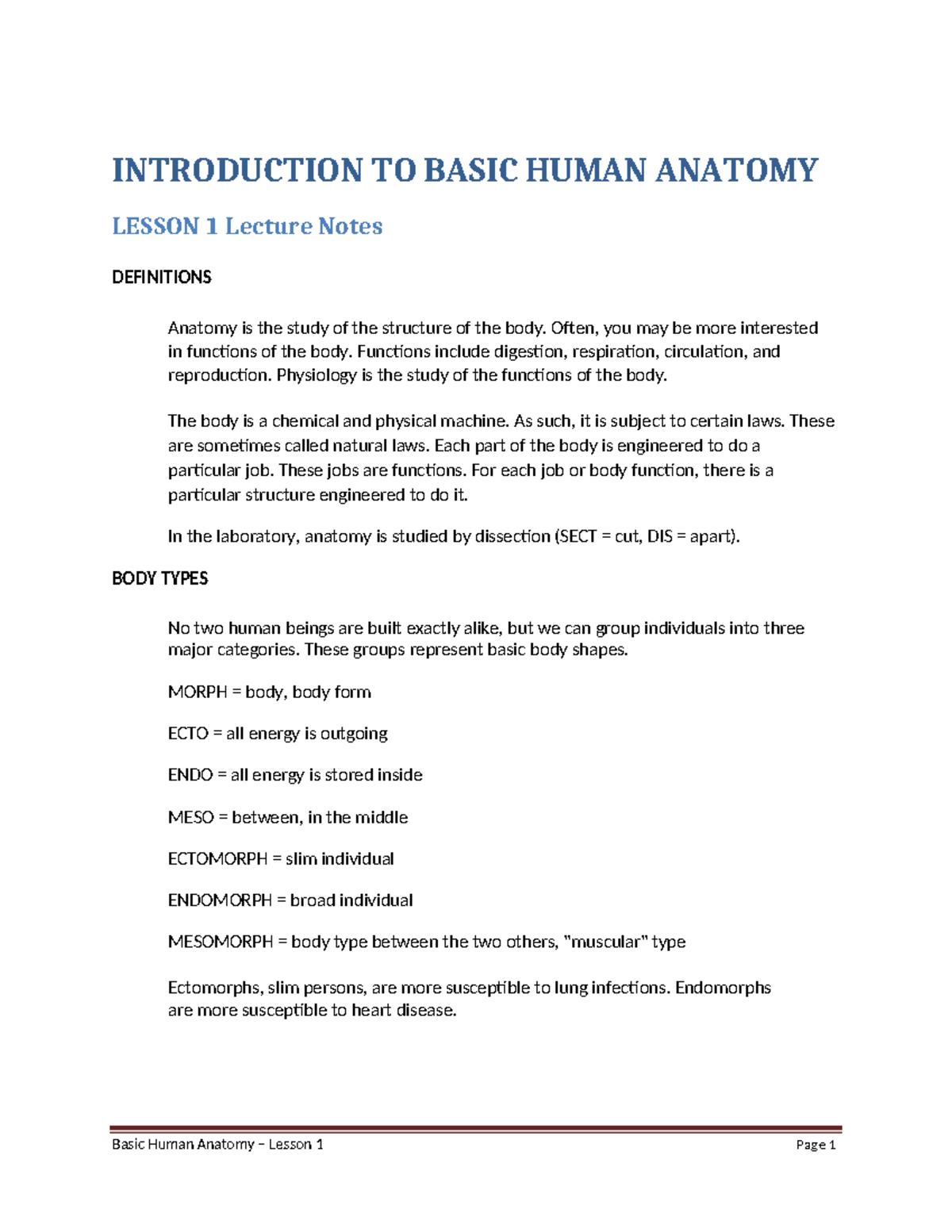 Anatomy 1 Lecture Notes - INTRODUCTION TO BASIC HUMAN ANATOMY LESSON 1 ...