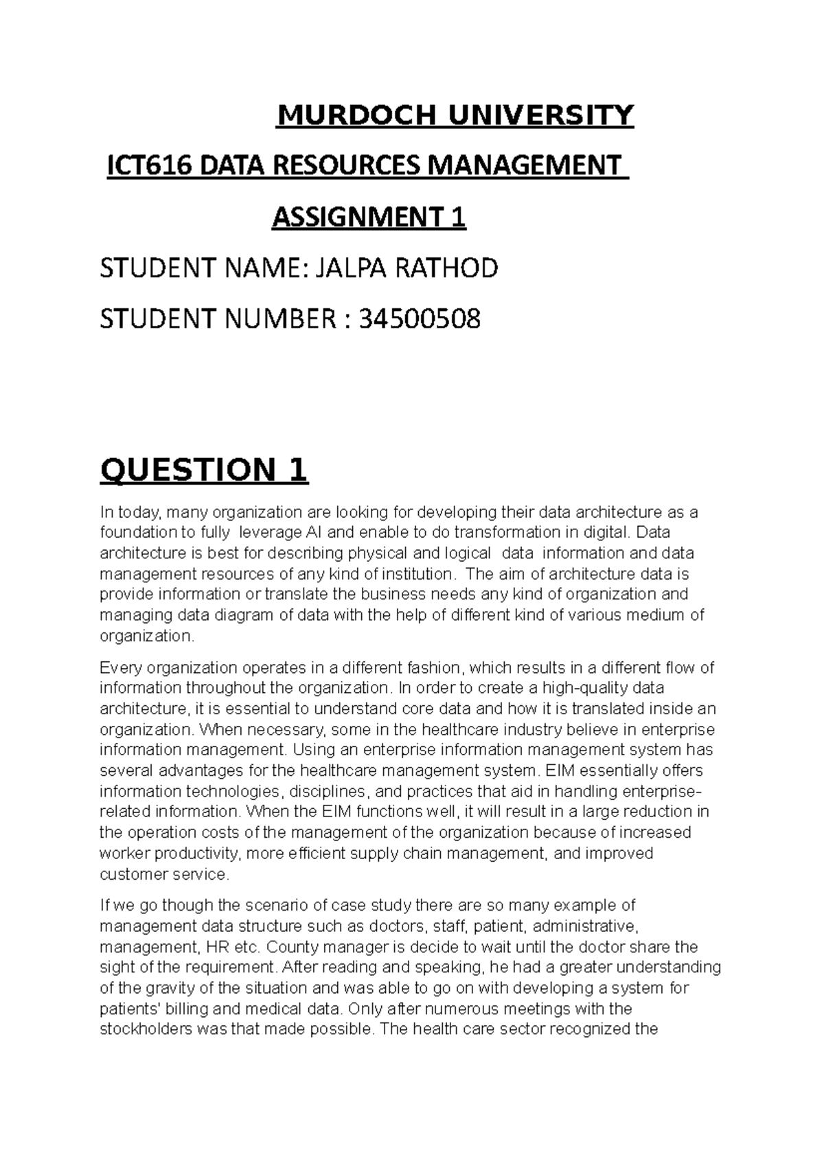 ICT616 ASSI 1 - student - MURDOCH UNIVERSITY ICT616 DATA RESOURCES MANAGEMENT ASSIGNMENT 1 ...