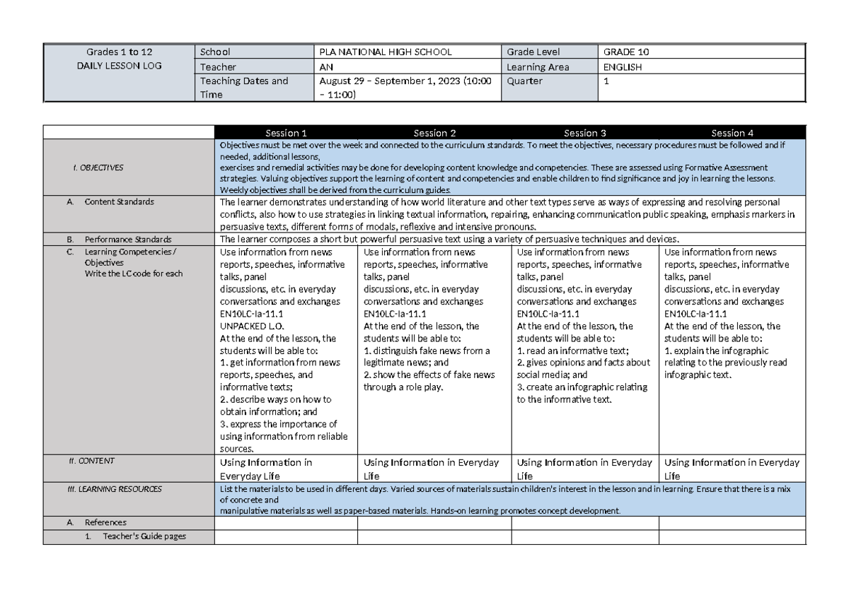 English 10 Q1-W1 - Daily Lesson Log - Grades 1 to 12 DAILY LESSON LOG School PLA NATIONAL HIGH ...