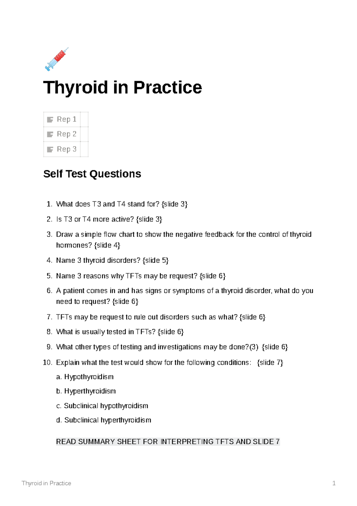 Thyroid in Practice - Lecture notes 1 - 💉 Thyroid in Practice Rep 1 Rep ...