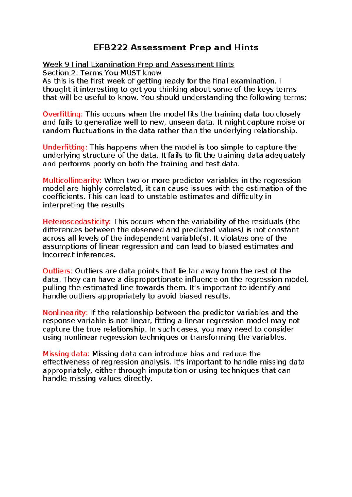 EFB222 Exam Prep - Exam prep - EFB222 Assessment Prep and Hints Week 9 ...