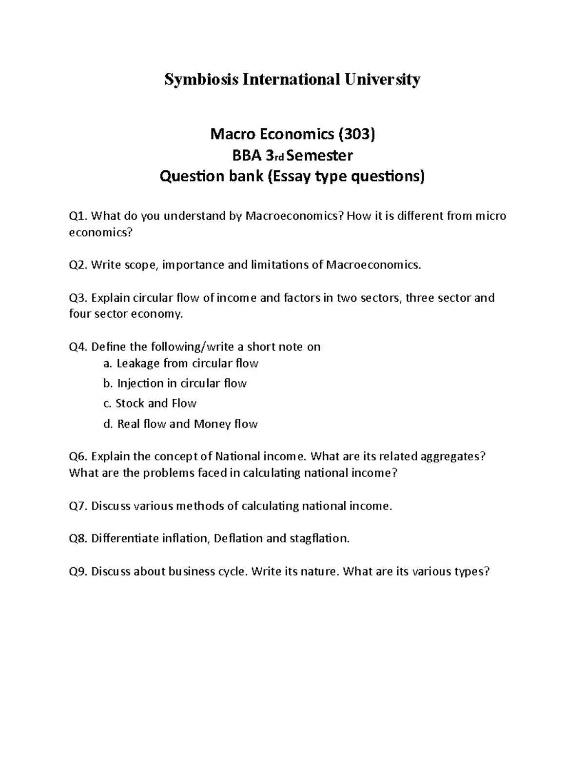 MBA Question bank- Macro Economics - Symbiosis International University ...