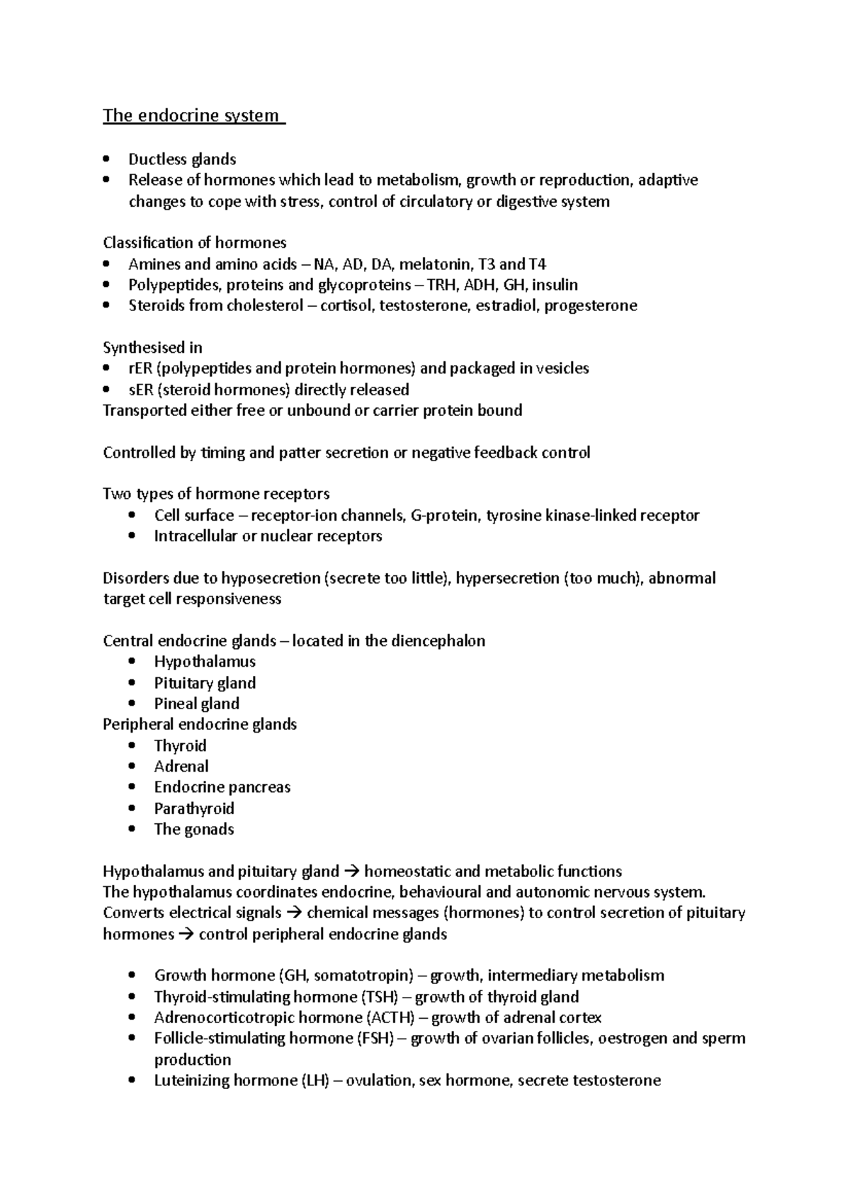 The Endocrine System Lecture Revision Notes The Endocrine System