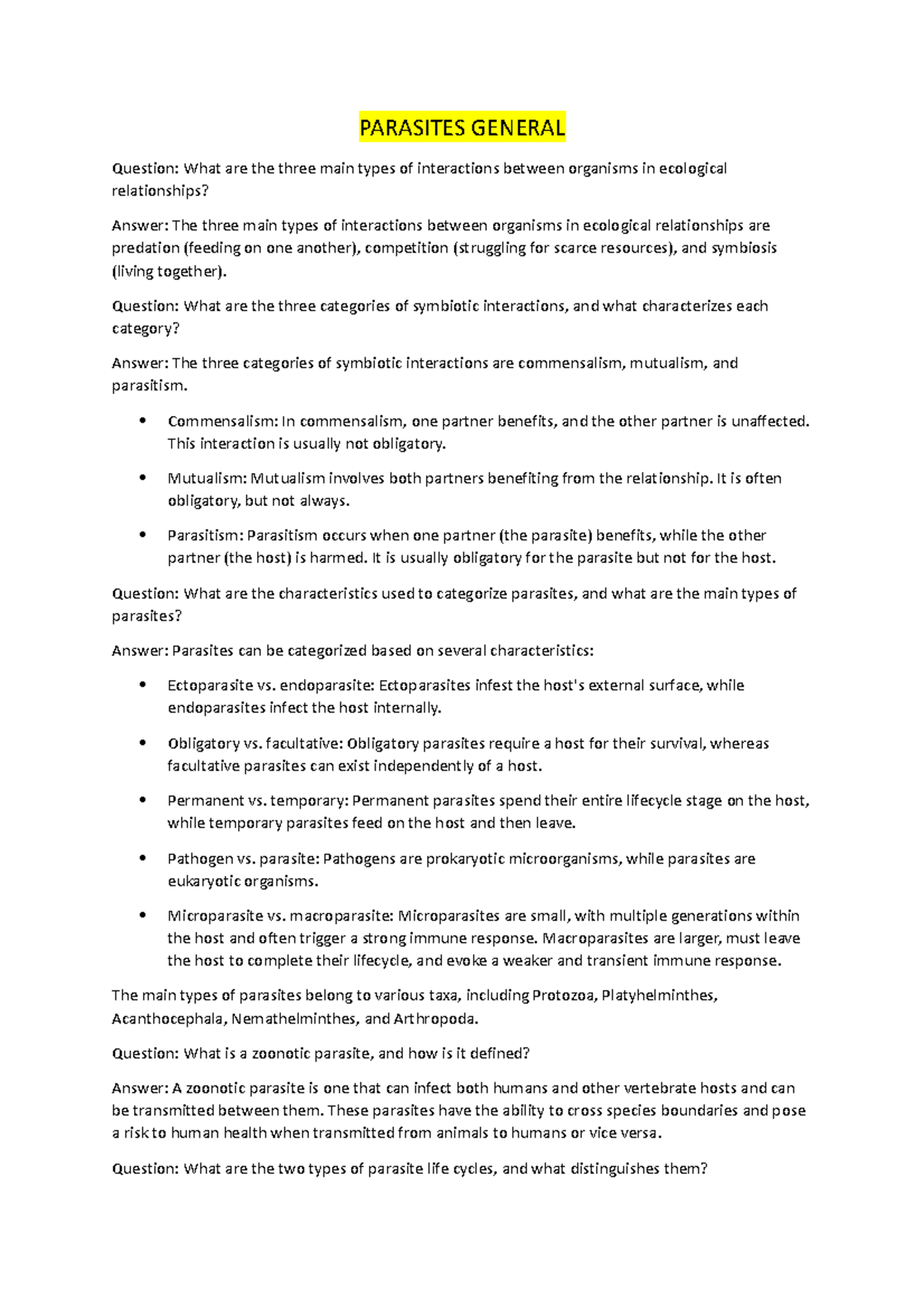 Vet278 Study Notes Parasites General - PARASITES GENERAL Question: What ...