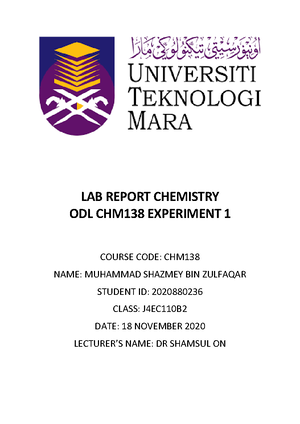 CHM138 LAB Report EXP 1 - BASIC LABORATORY TECHNIQUE - FACULTY OF ...