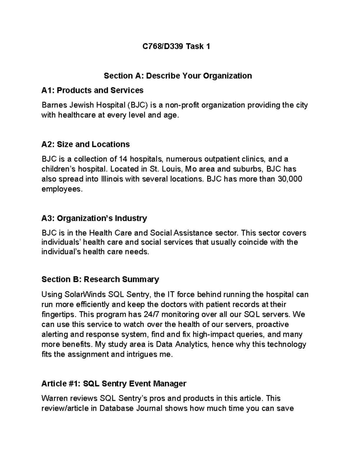C768 Task 1 - C768/D339 Task 1 Section A: Describe Your Organization A1 ...