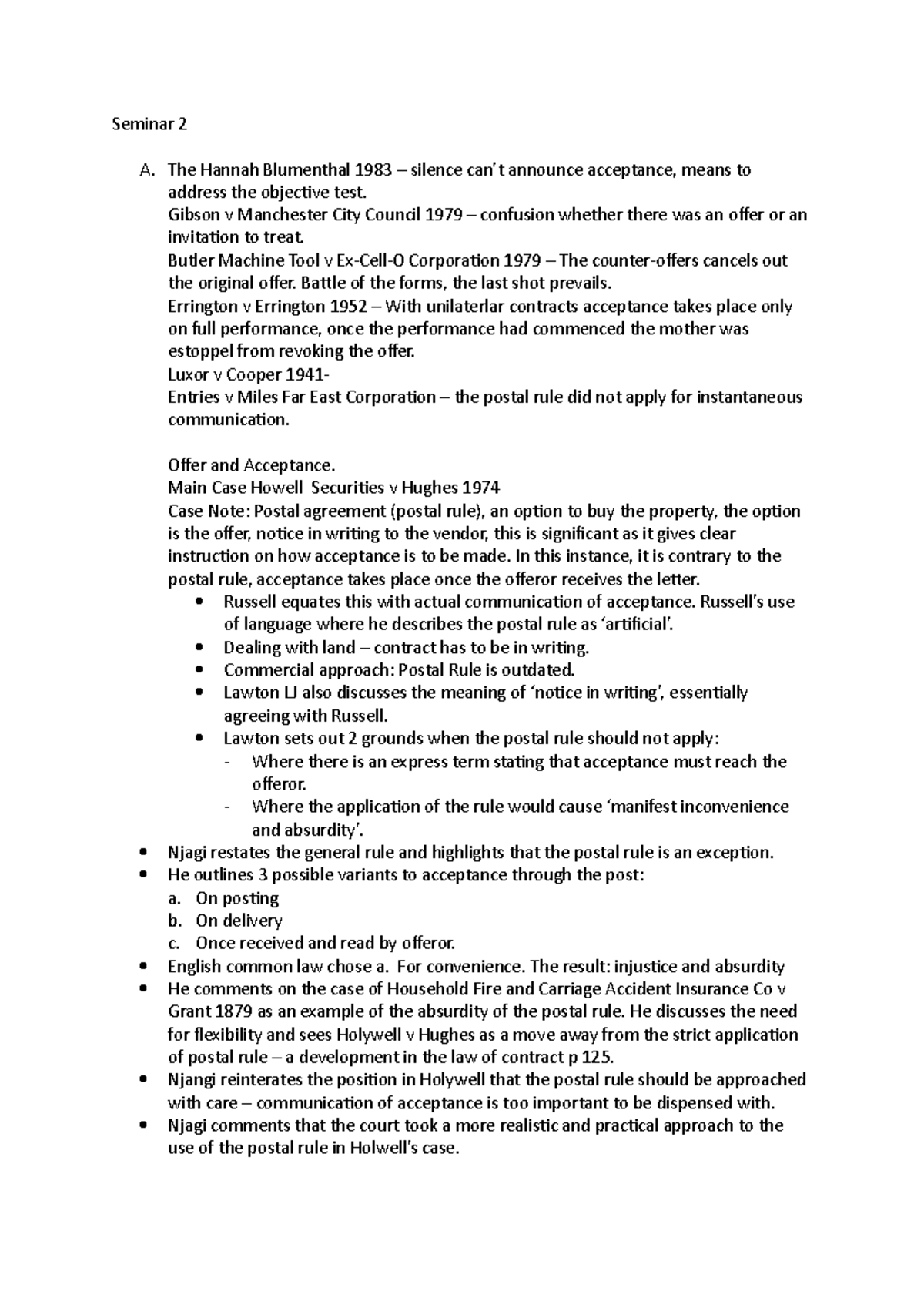 Seminar 2 Offer and Acceptance - Seminar 2 A. The Hannah Blumenthal ...