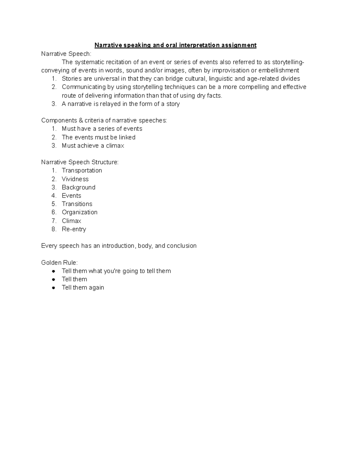 Speech notes 3 - Narrative speaking and oral interpretation assignment ...