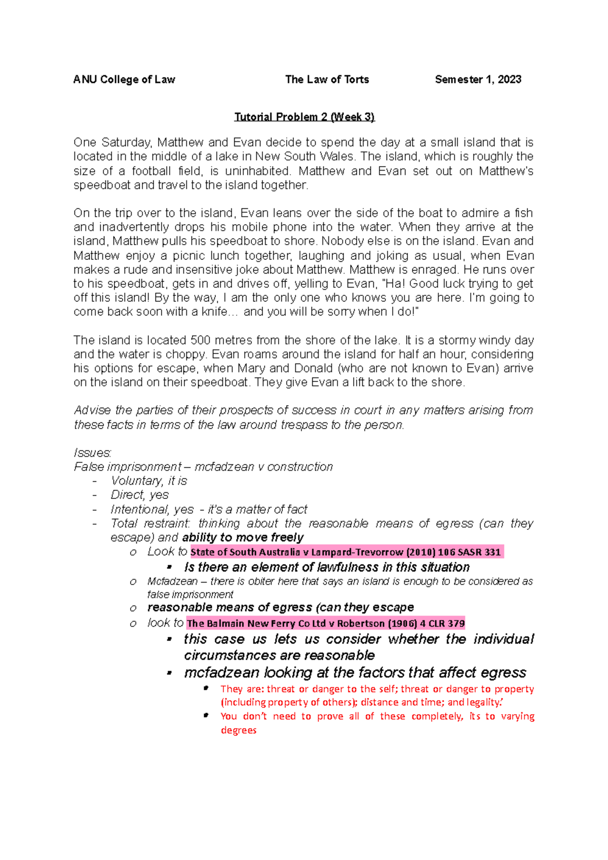 2023 Torts Tutorial 2 (Week 3) - ANU College of Law The Law of Torts Semester 1, 2023 Tutorial ...