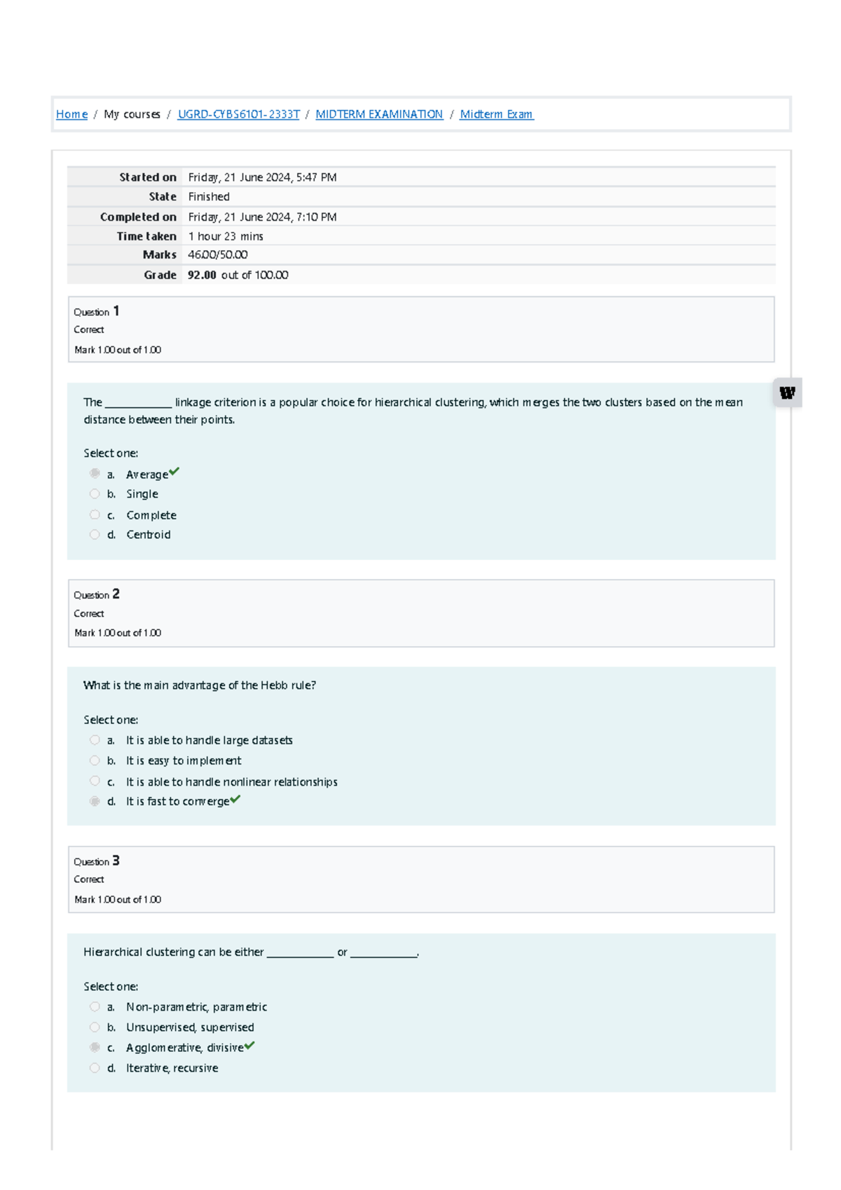 AI FUN Midterm Exam Attempt review - Home / My courses / UGRD-CYBS6101-2333T / MIDTERM ...