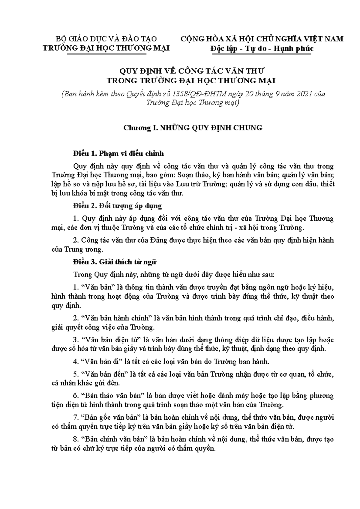 Quy dinh ve cong tac van thu truong dhtm 2021 ban hanh chinh thuc - BỘ ...