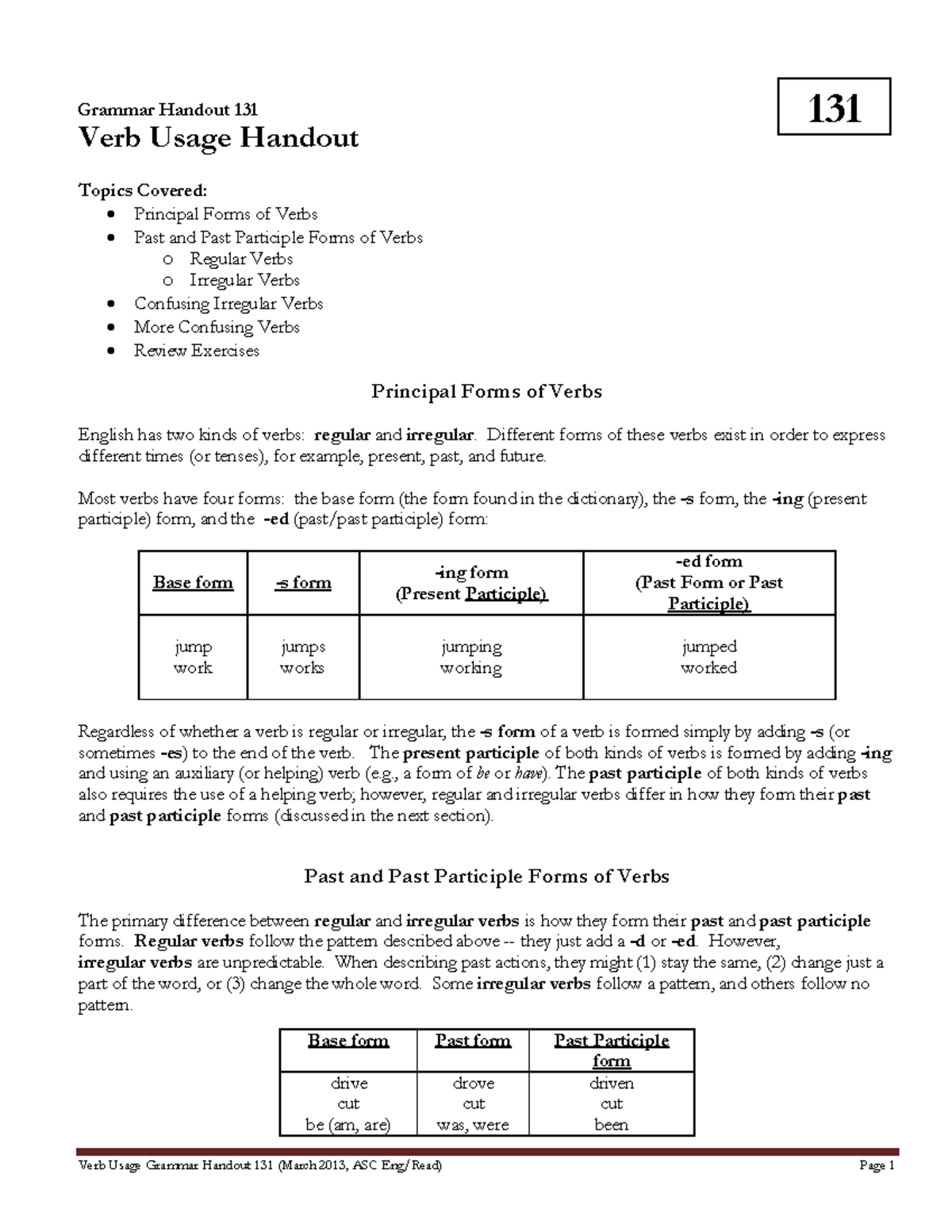 131 verb usage - verb - Grammar Handout 131 Verb Usage Handout Topics ...