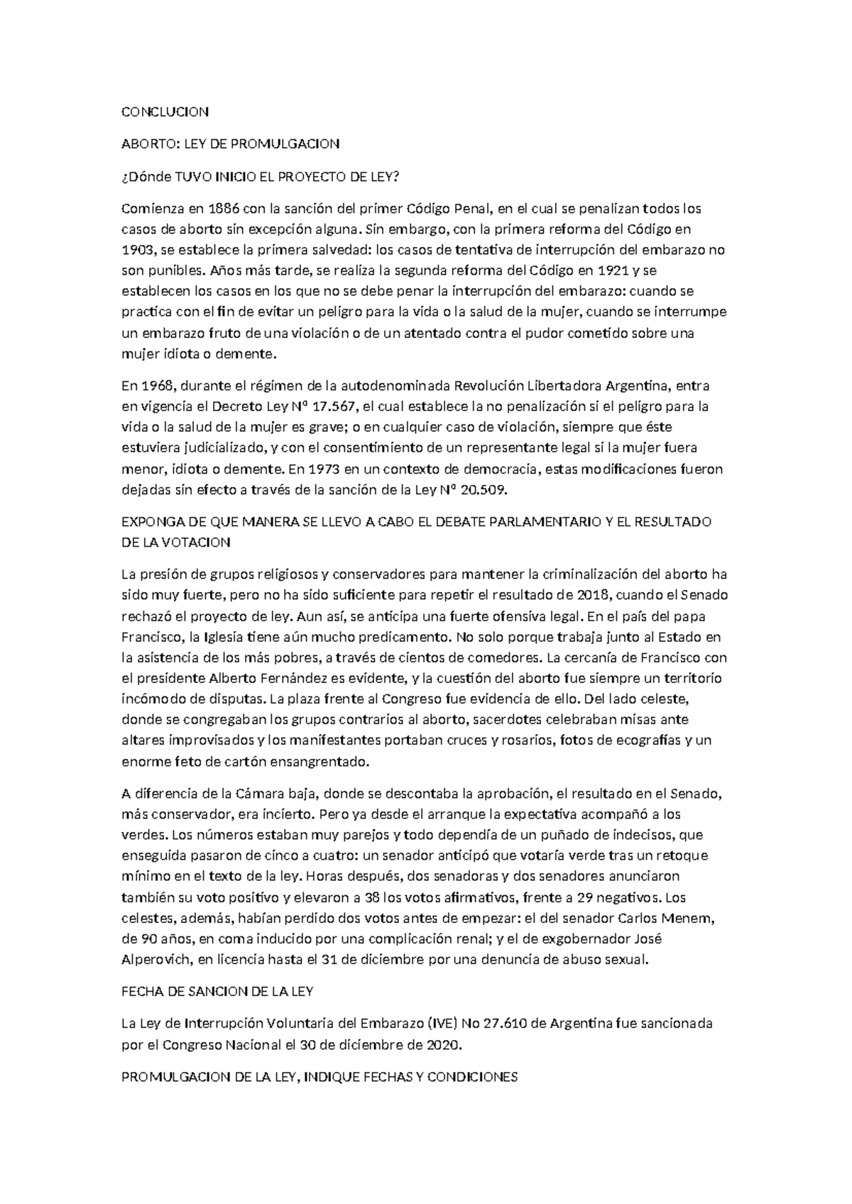 Conclucion camila - Tarea que se debe hacer - CONCLUCION ABORTO: LEY DE ...