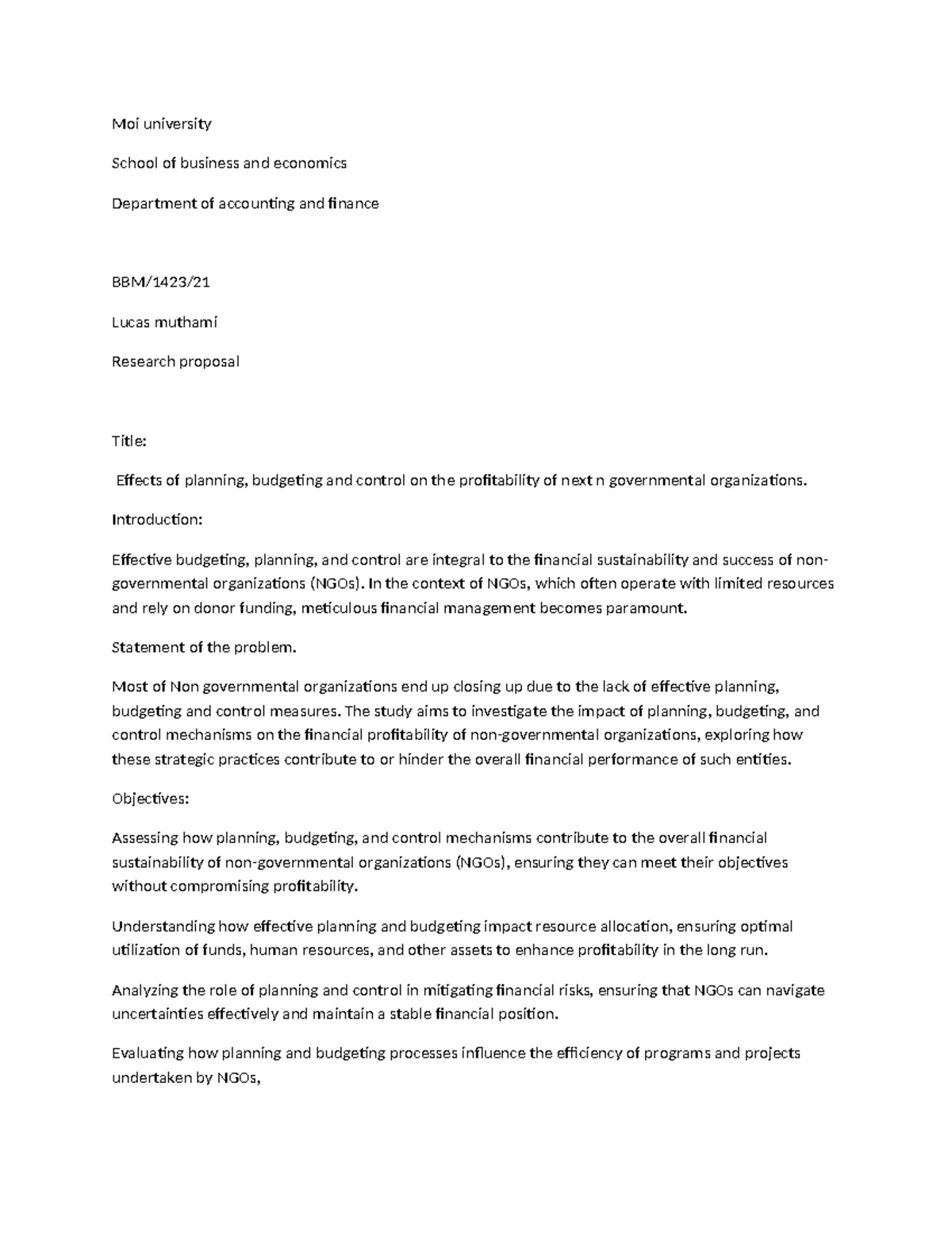 Lucas' research proposal - Moi university School of business and ...