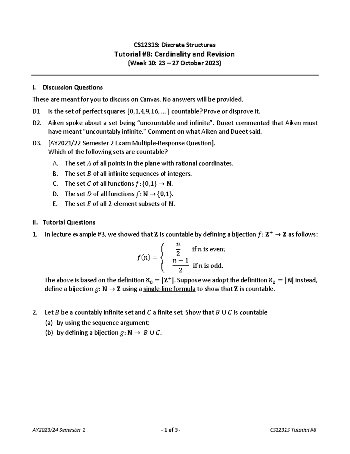 Tut08qns - Practice qns - AY202 3 /2 4 Semester 1 - 1 of 3 - CS1231S Tutorial # 8 CS1231S ...