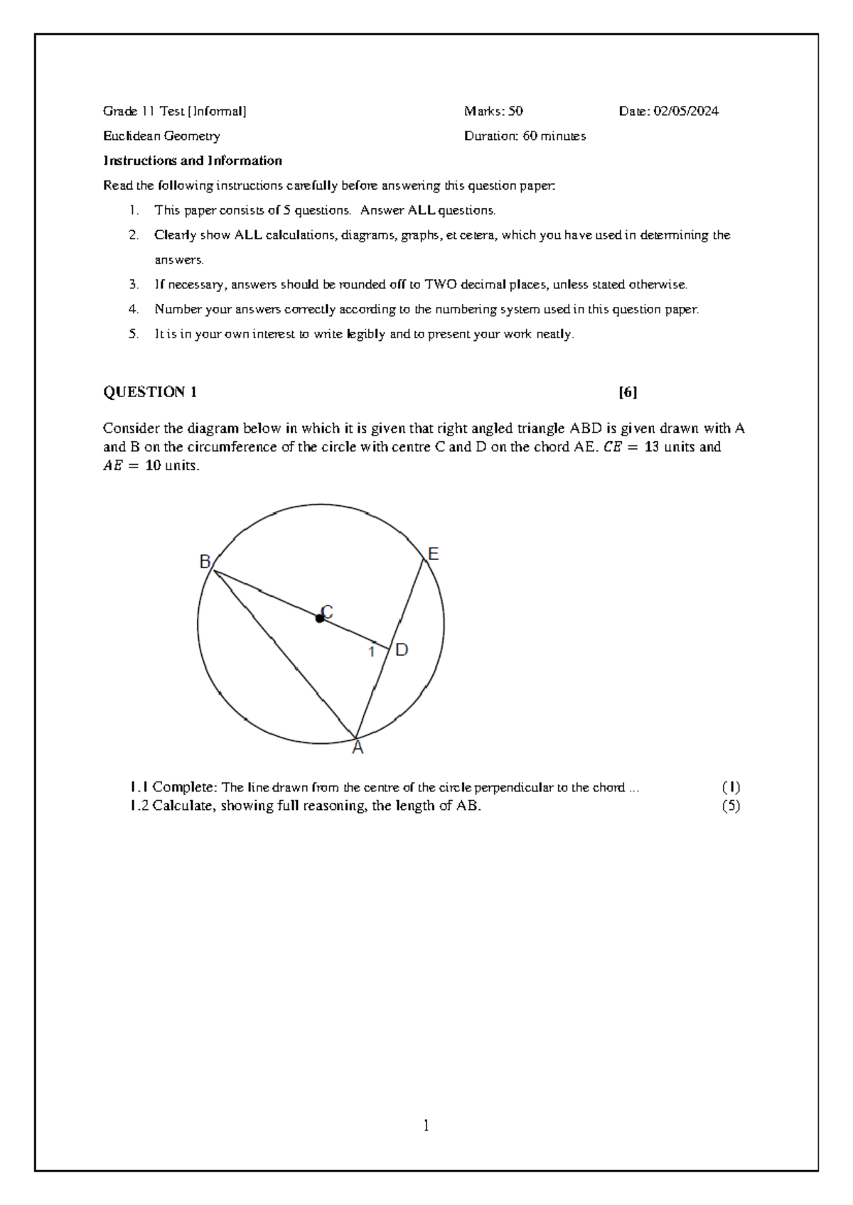 Grade 11 Euclidean Gemetry Test 2024 - Grade 11 Test [Informal] Marks ...