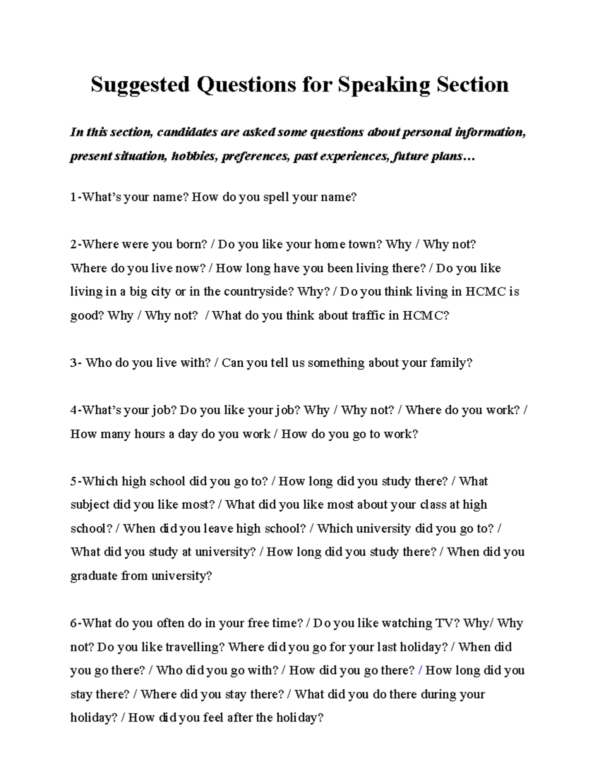 1- Speaking - Suggested Questions for Speaking Section In this section ...