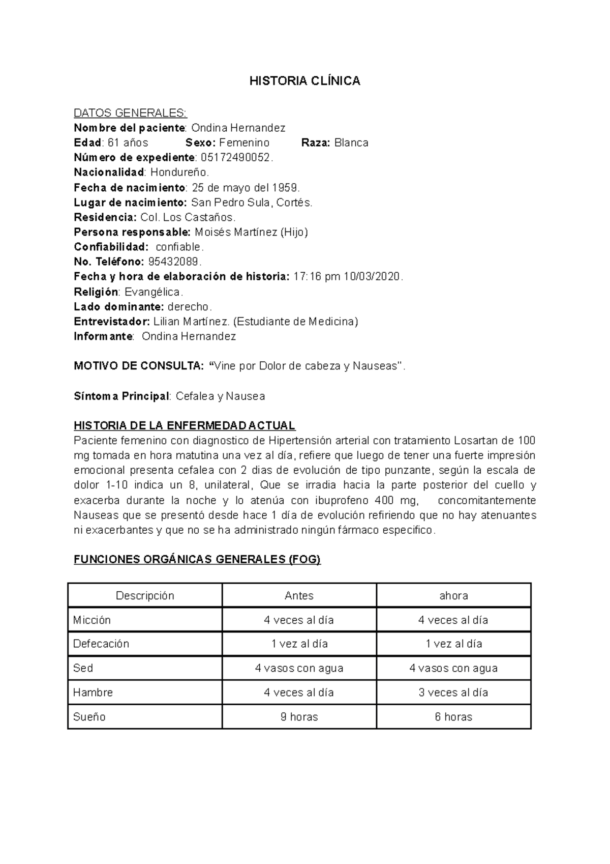Historia clínica - HISTORIA CLÍNICA DATOS GENERALES: Nombre del ...