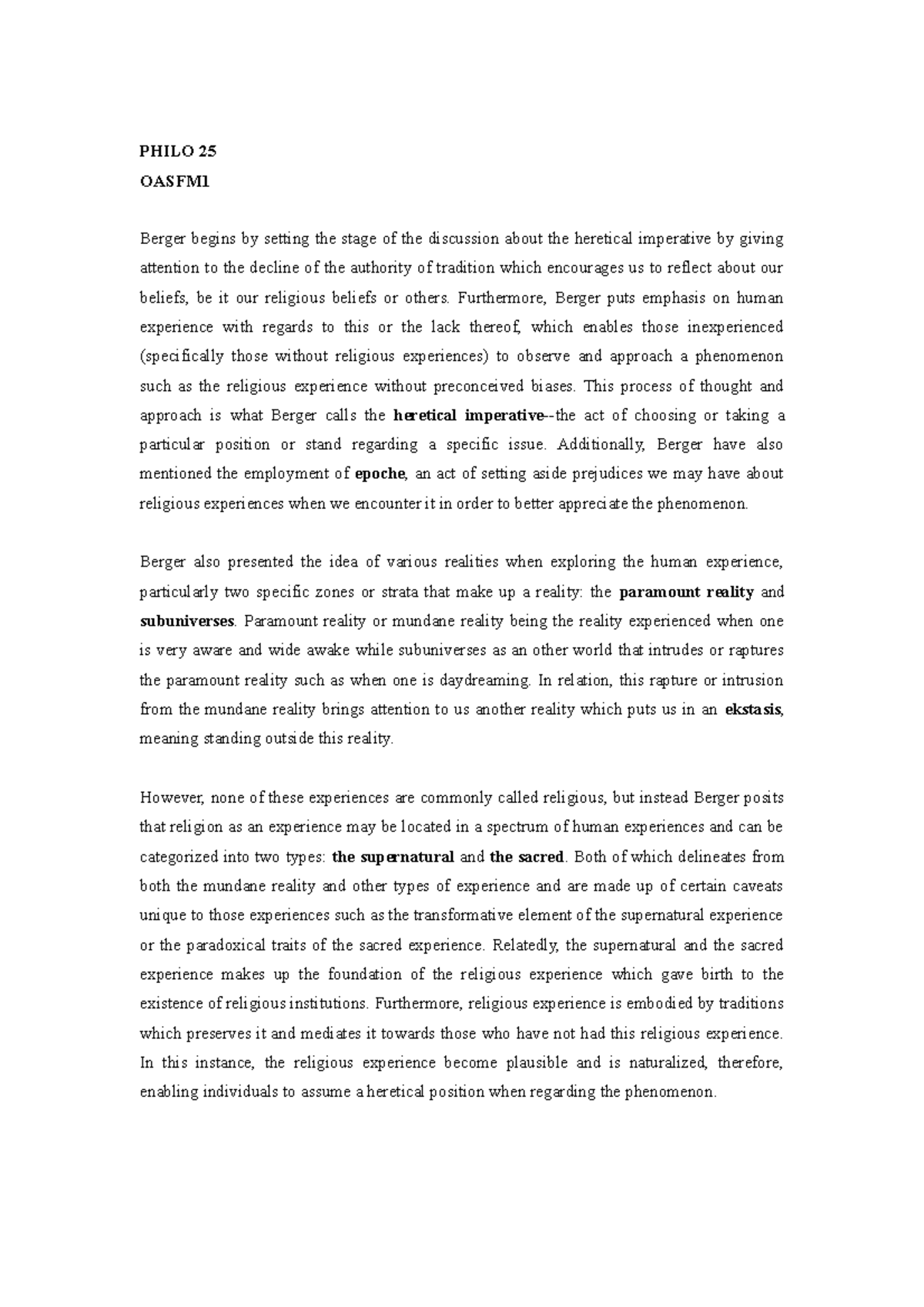 PHILO25 OASM1 - Summary notes. - PHILO 25 OASFM Berger begins by ...