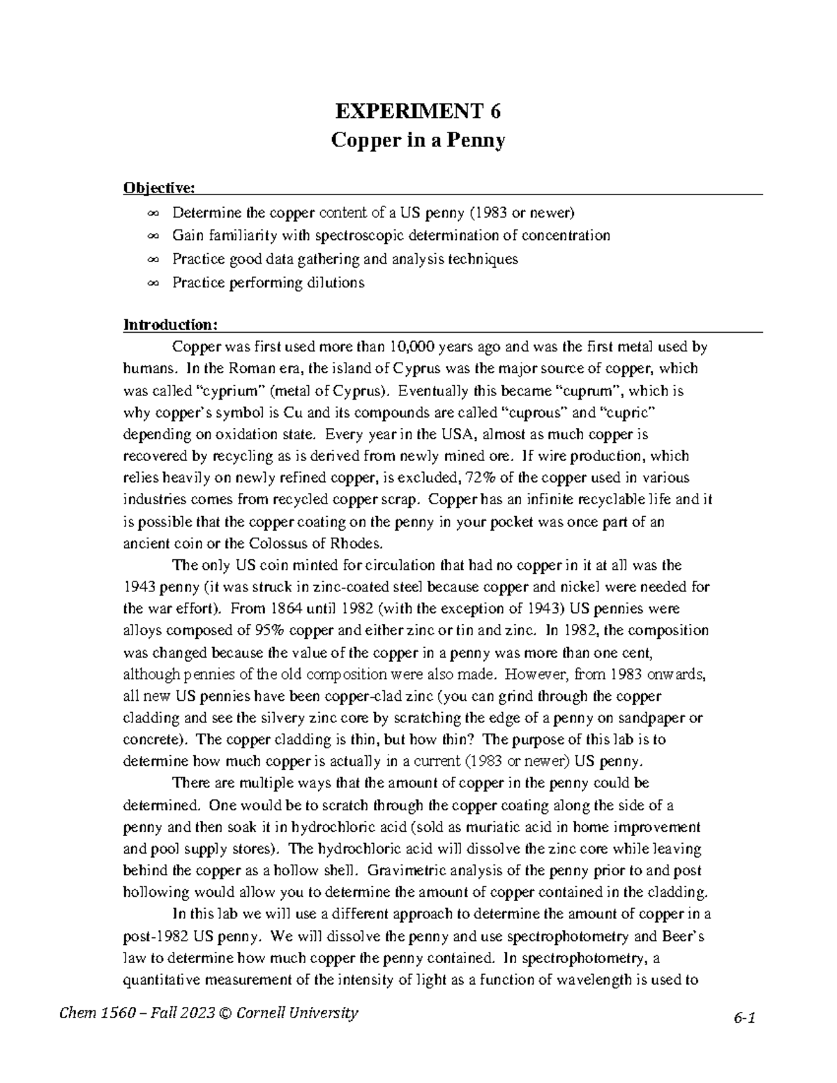 Expt 6 - Determination of Copper In a Penny - 2023 - EXPERIMENT 6 ...