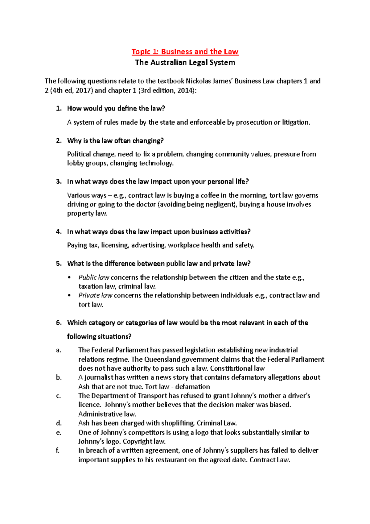 Week 2 In class questions - Business and the Law - Topic 1: Business ...
