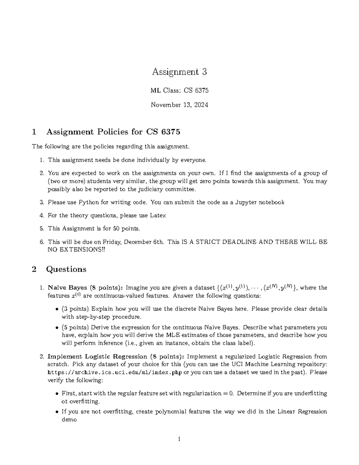 Assignment 3 ML - Assignemnt 3 of ml - Assignment 3 ML Class: CS 6375 ...