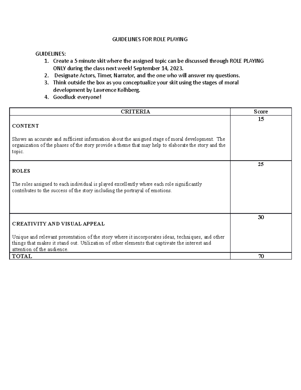 Guidelines FOR ROLE Playing - GUIDELINES FOR ROLE PLAYING GUIDELINES: Create a 5 minute skit ...